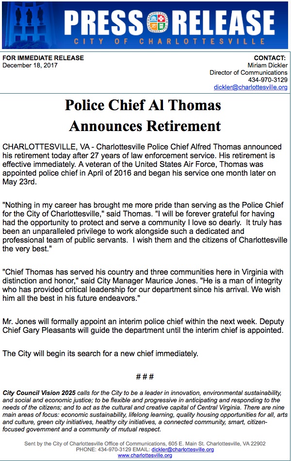 “Retired” Chief Al Thomas still “employed” by Charlottesville City at ...